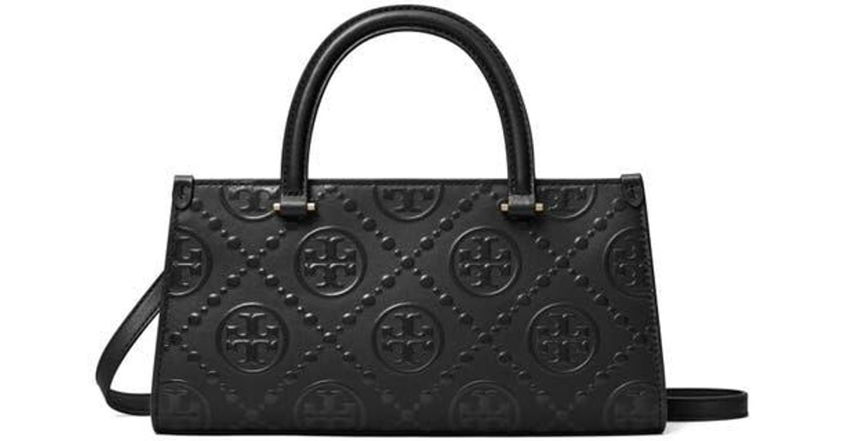 Tory Burch Small T Monogram Embossed Leather Tote in Black | Lyst