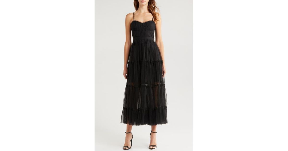 Moon River Plissé Tiered Tulle Midi Dress in Black | Lyst