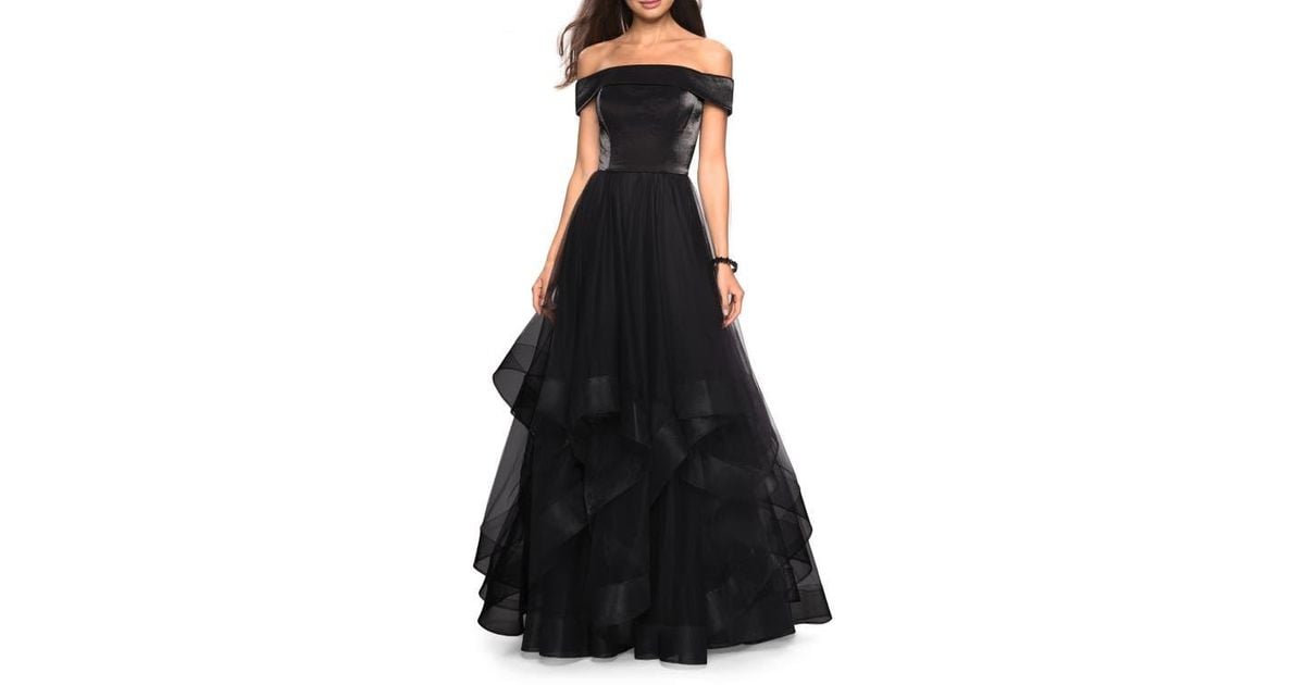 La Femme Elegant Off The Shoulder Tulle Layered Ball Gown in Black | Lyst