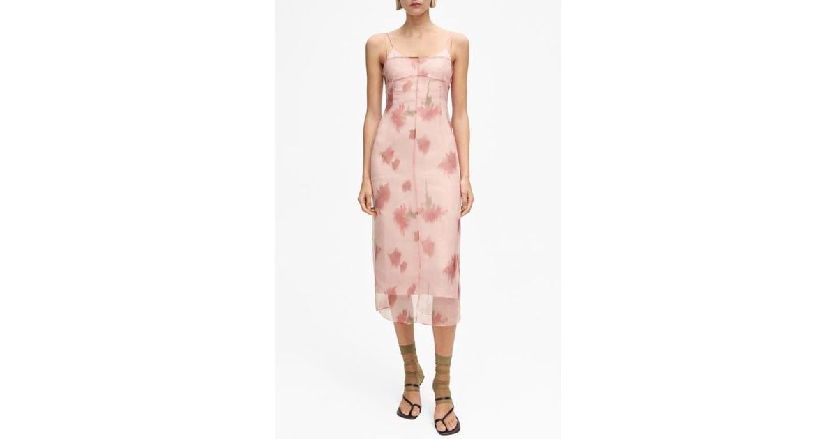 Mango Floral Print Chiffon Overlay Midi Dress in Pink | Lyst