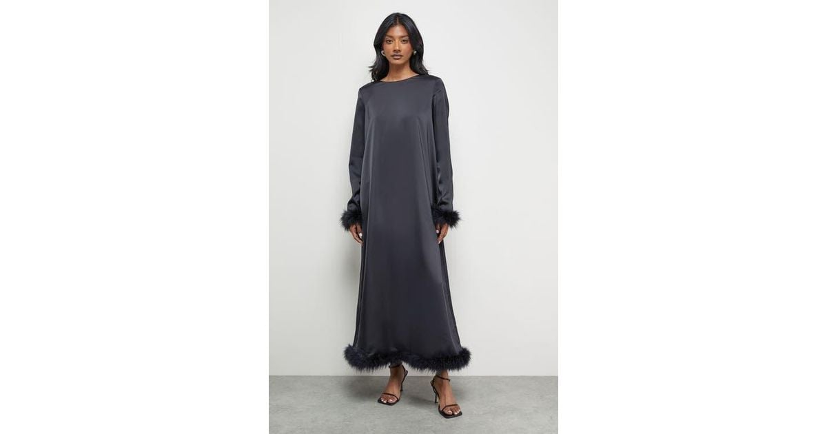 Warehouse Feather High Neck Swing Midi Dress in Blue | Lyst