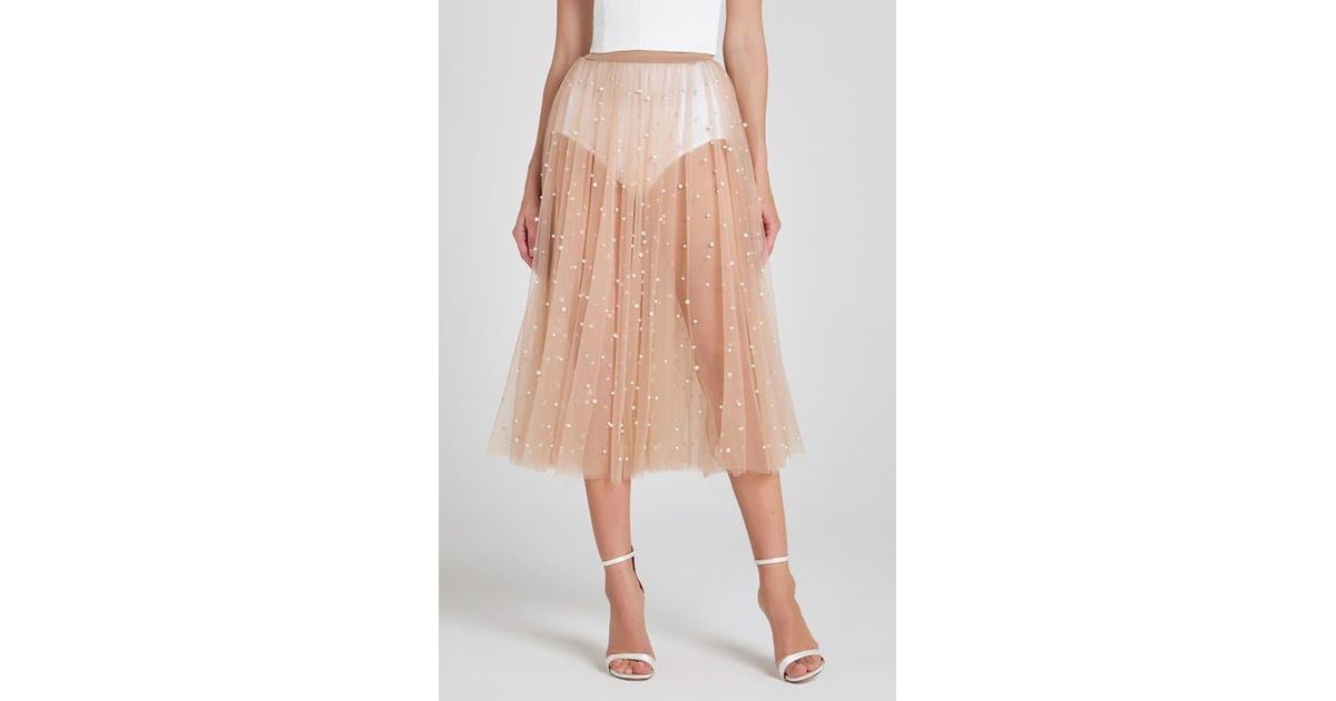 Nadine Merabi Blake Embellished Mesh Midi Skirt in White | Lyst