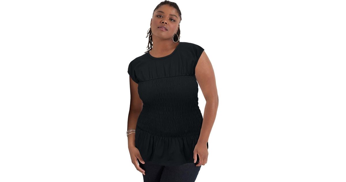 June + Vie Smocked Peplum Top in Black | Lyst