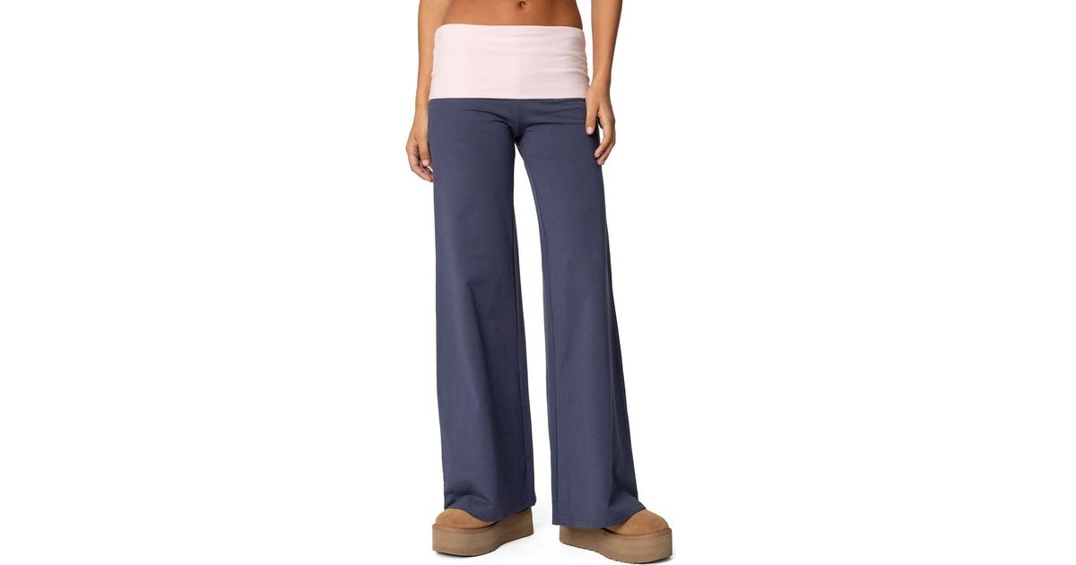 Edikted Foldover Contrast Wide Leg Pants in Blue | Lyst