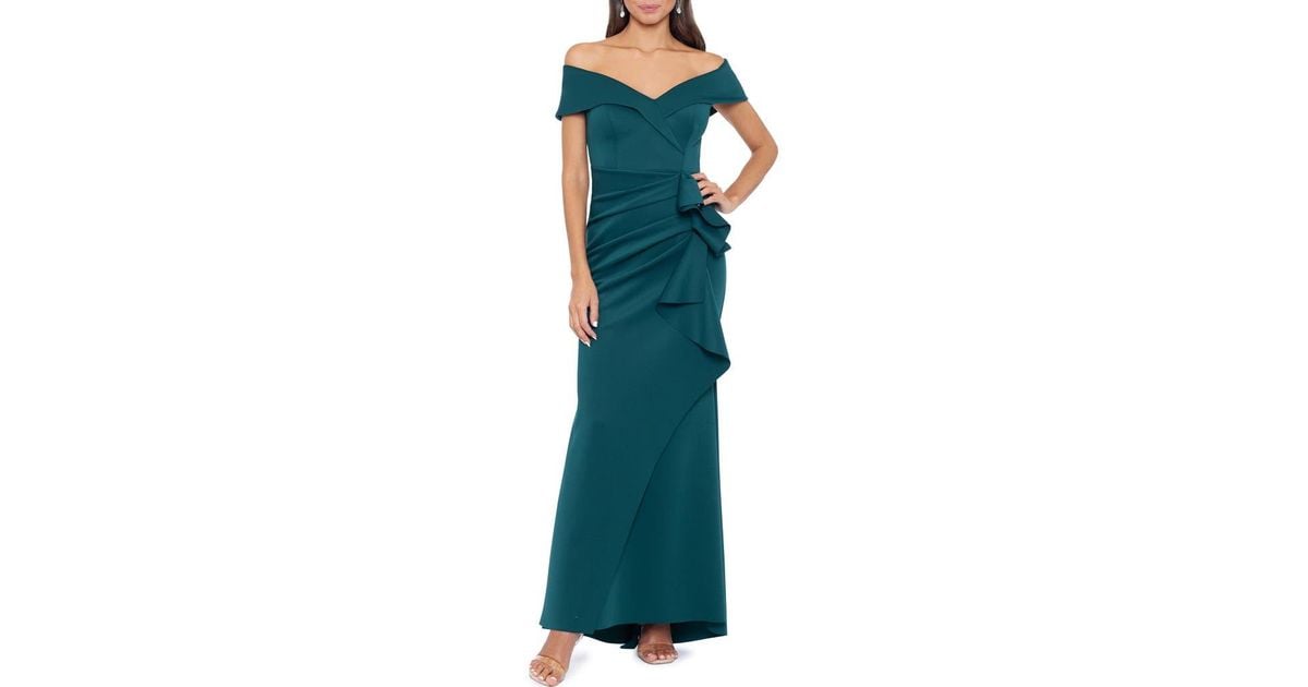 Xscape Evenings Off The Shoulder Ruffle Scuba Gown in Green | Lyst