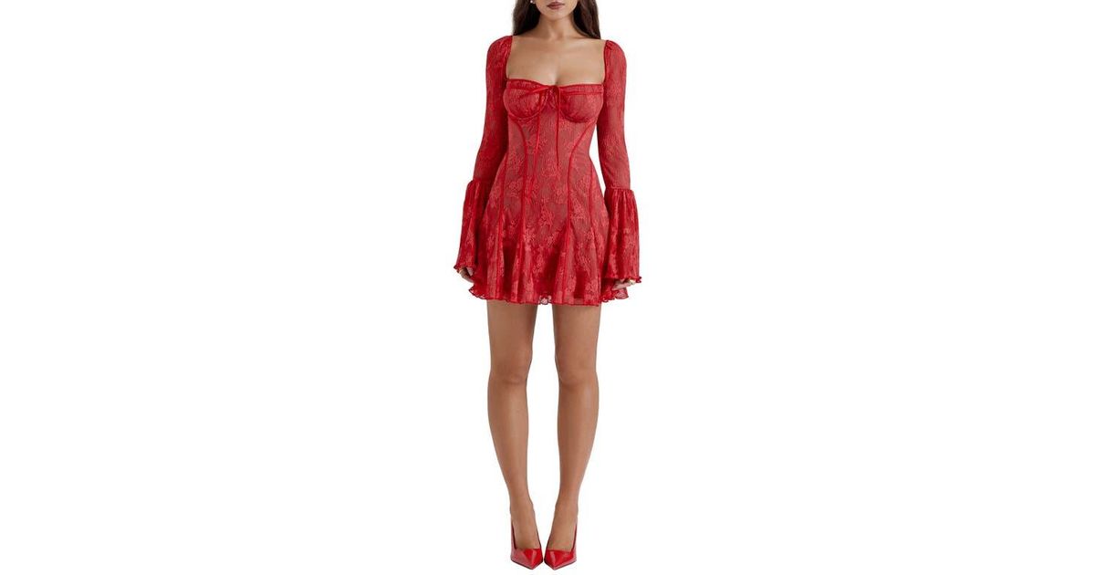 House Of Cb Analissa Long Sleeve Lace Minidress in Red | Lyst