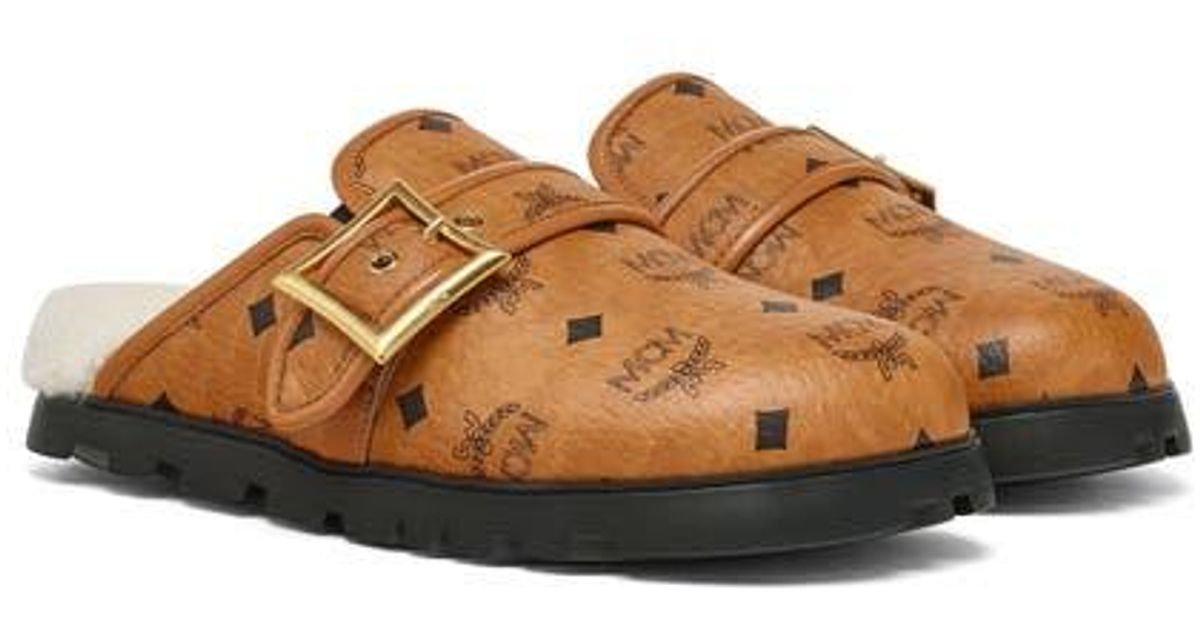 MCM Monogram Genuine Shearling Lined Mule in Brown for Men | Lyst
