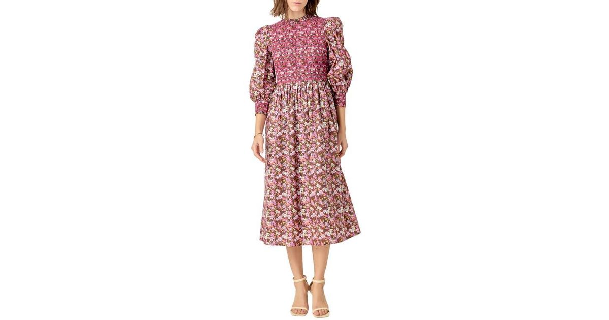 English Factory Floral Smock Bodice Midi Dress in Red | Lyst