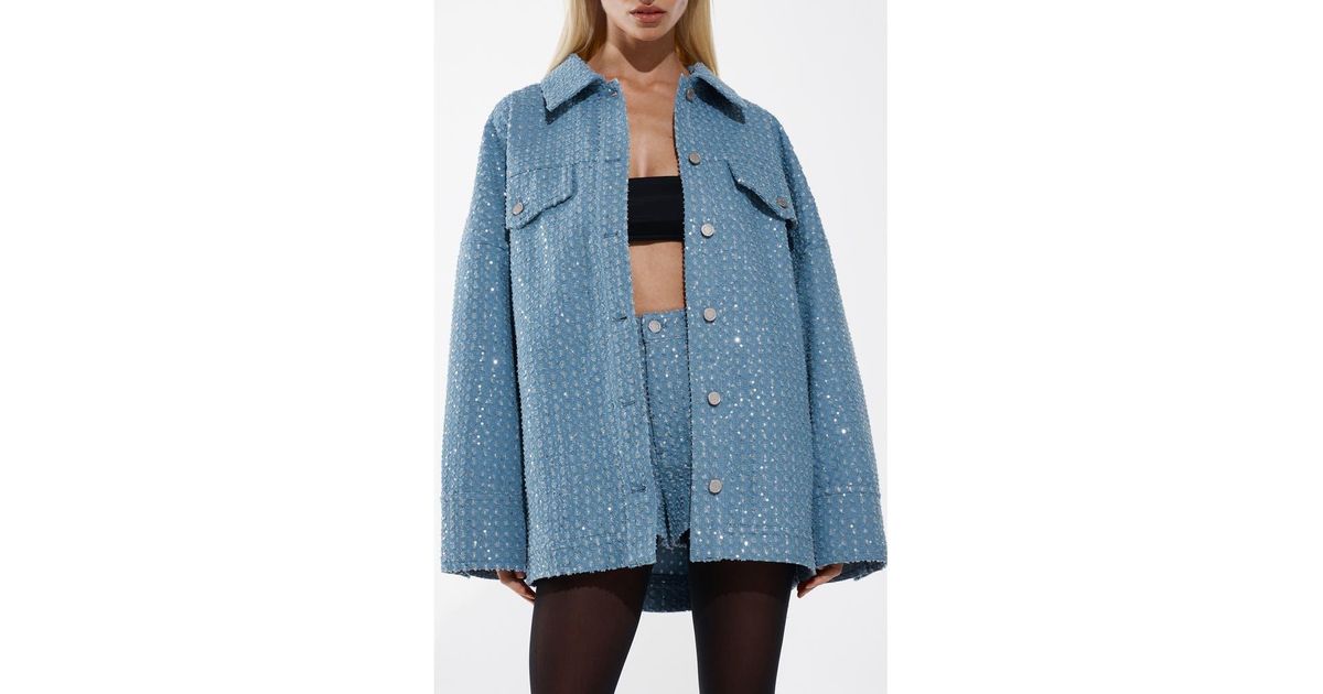 BY.DYLN Sequin Embellished Distressed Denim Jacket in Blue | Lyst