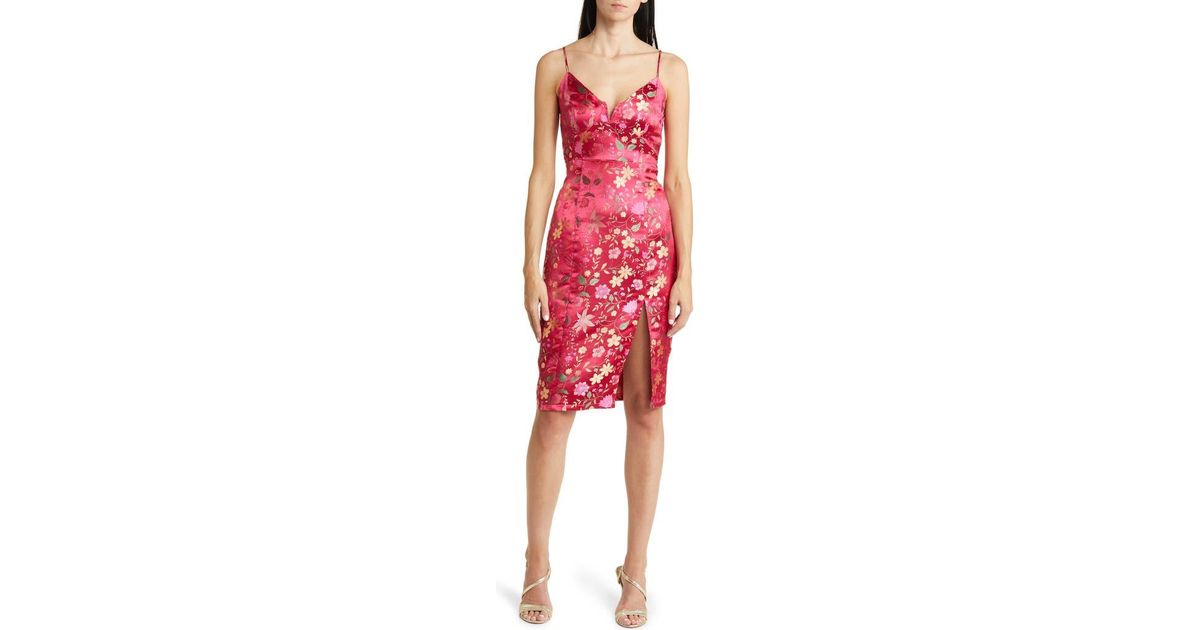 Bebe Floral Jacquard Satin Cocktail Dress in Red | Lyst