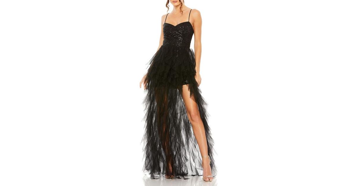 Mac Duggal Ruffle High Low Tiered Train Sequin Mini Dress in Black | Lyst