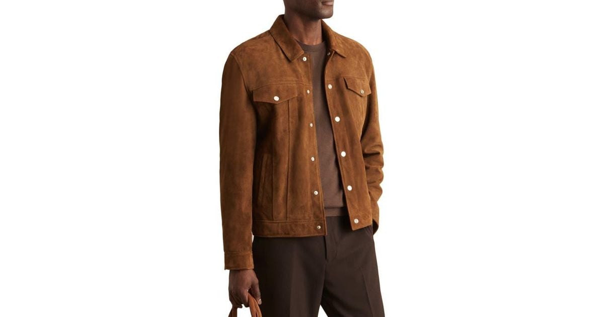 Reiss Edington Goatskin Suede Trucker Jacket in Brown for Men | Lyst