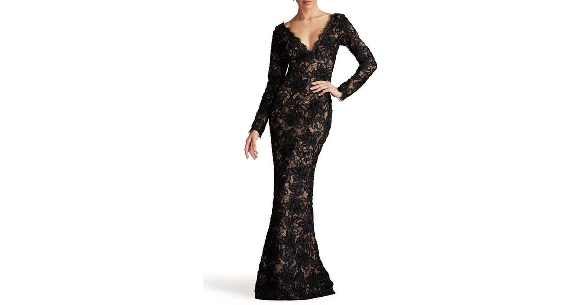 SHO by Tadashi Shoji Lace Plunge Neck Long Sleeve Gown in Black | Lyst