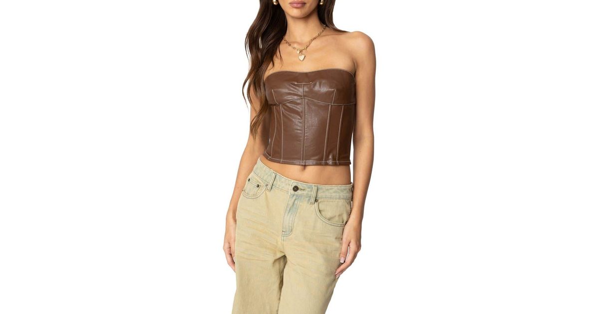 Edikted Moss Faux Leather Lace-Up Corset Top in Brown | Lyst