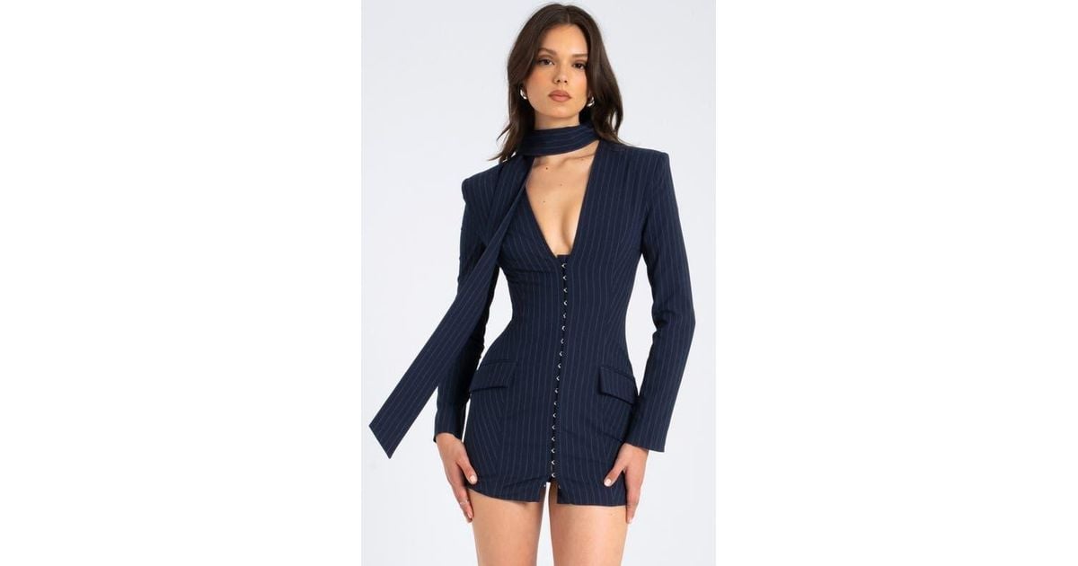 Miss Circle Tahlia Deep V Mini Blazer Dress With Scarf in Blue | Lyst