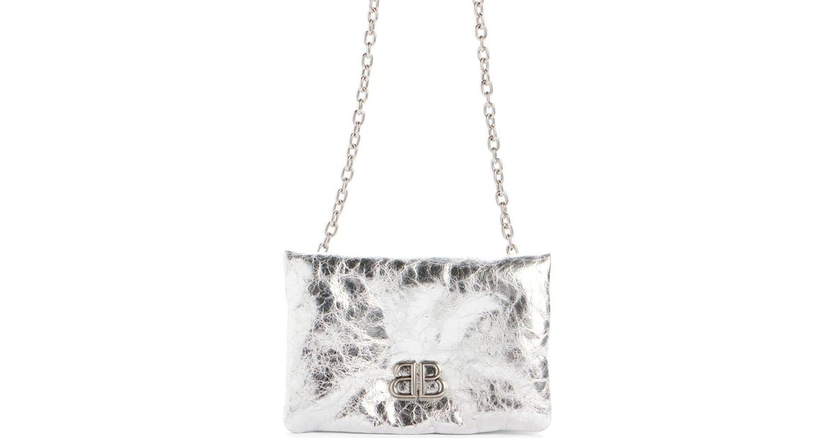 Balenciaga Mini Monaco Crinkle Metallic Leather Crossbody Bag in White ...