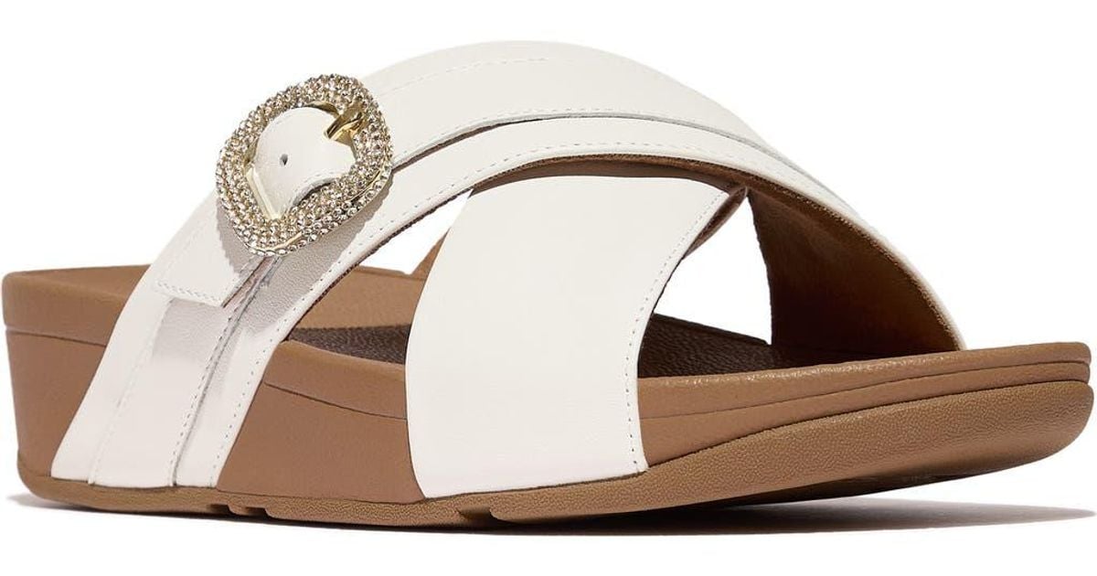 Fitflop Lulu Crystal Buckle Platform Slide Sandal in Brown | Lyst