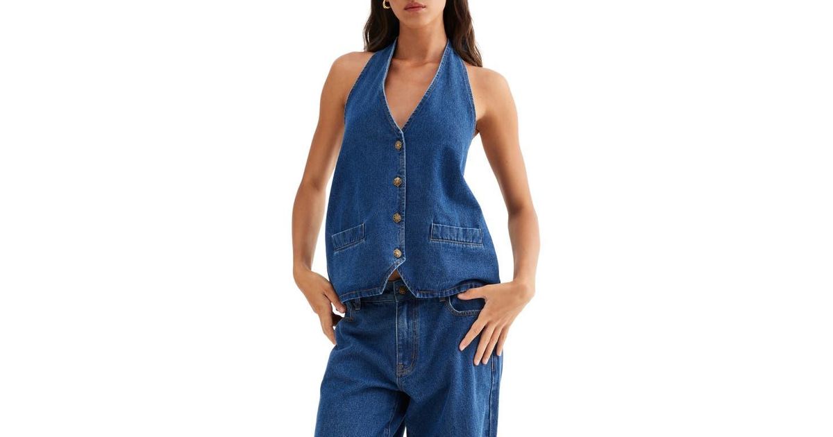 Lioness Hill Denim Halter Top in Blue | Lyst