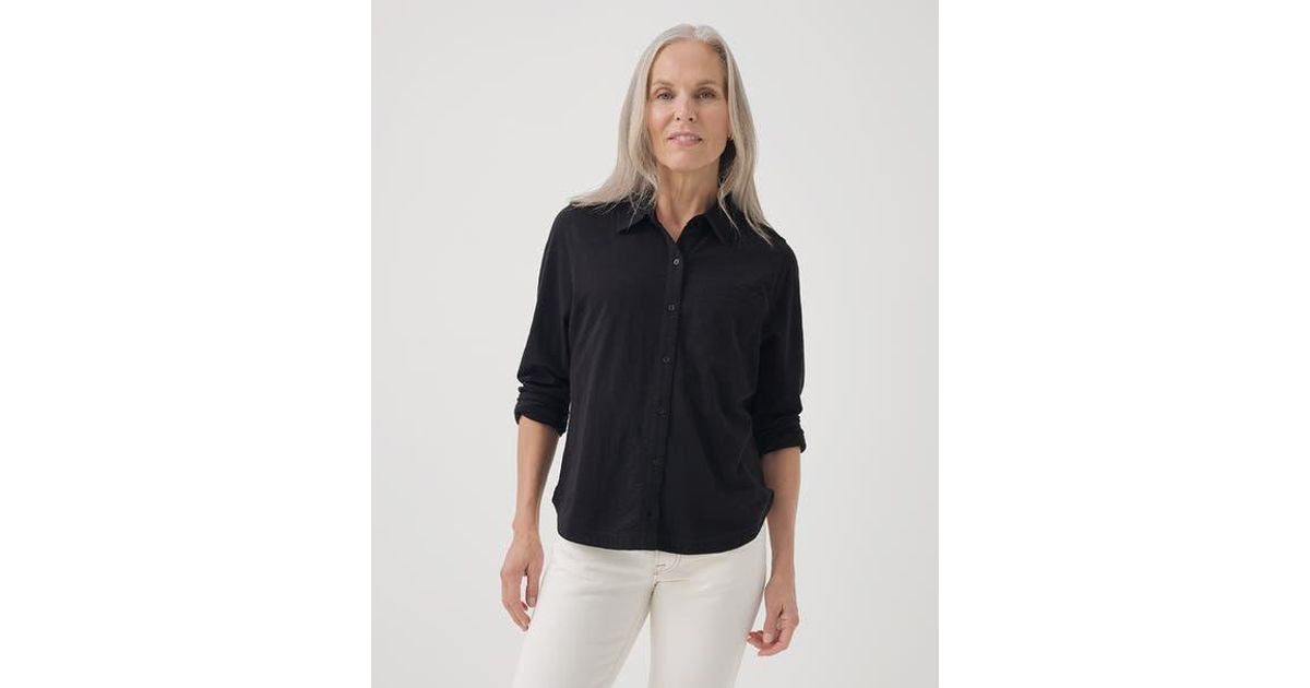 Pact Organic Cotton Relaxed Slub Long Sleeve Button Up in Black | Lyst