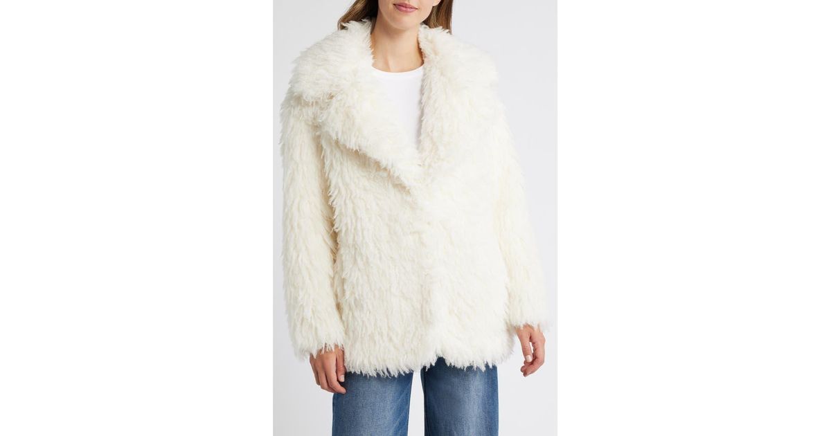 Lucky Brand Shawl Collar Shaggy Faux Fur Jacket in White | Lyst