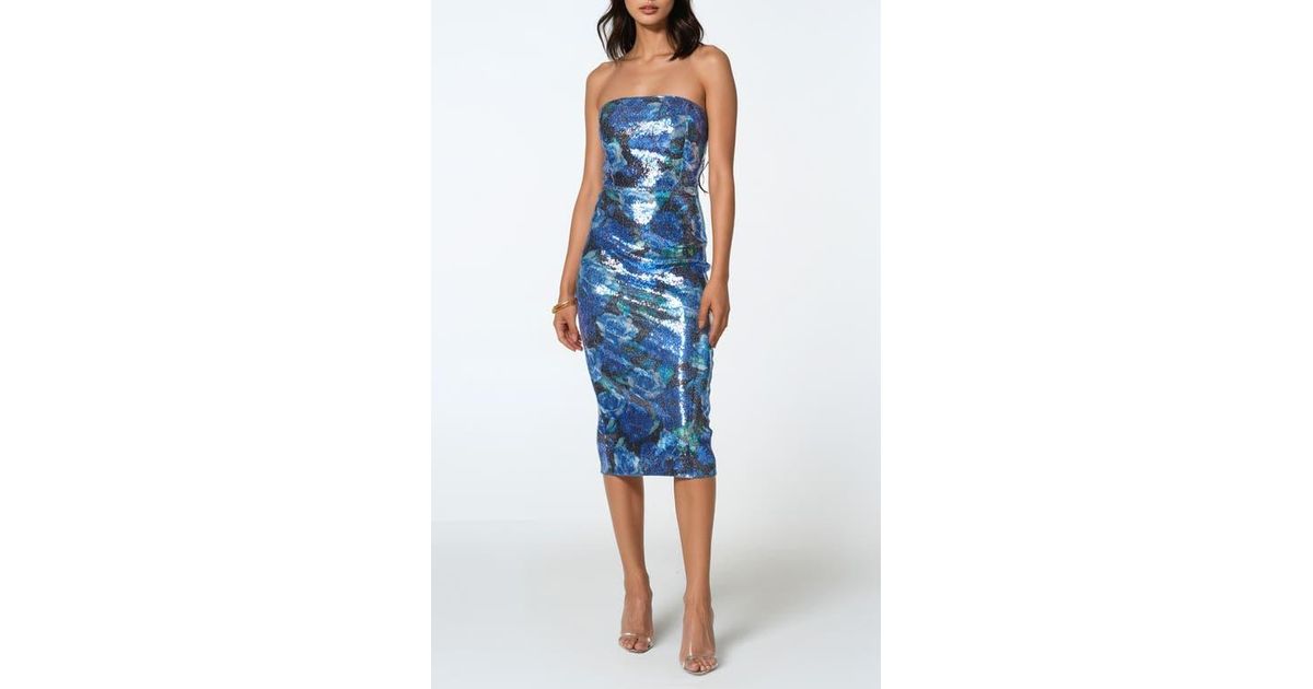 Bebe Floral Sequin Strapless Cocktail Midi Dress in Blue | Lyst