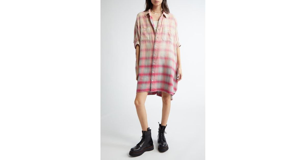 R13 Oversize Boxy Plaid Cotton Flannel Shirtdress in Red | Lyst