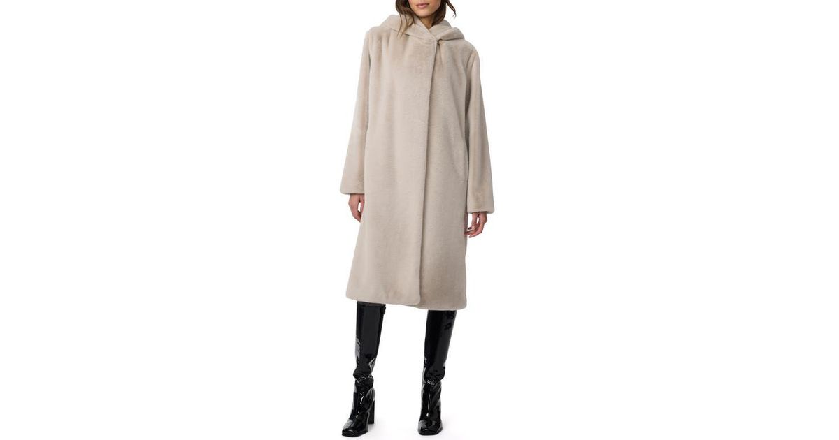 Bernardo Shawl Collar Hoodded Faux Fur Coat in Natural | Lyst