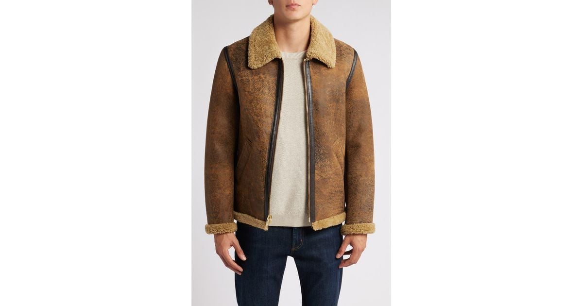 Schott Nyc Genuine Shearling Collar Sheepskin Bomber Jacket in Brown for Men | Lyst