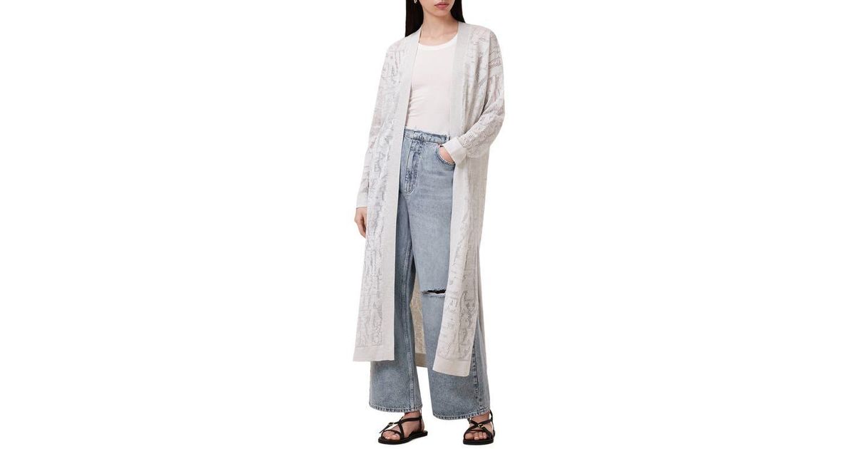 AllSaints Kaito Open Stitch Sheer Mesh Open Front Longline Cardigan in ...