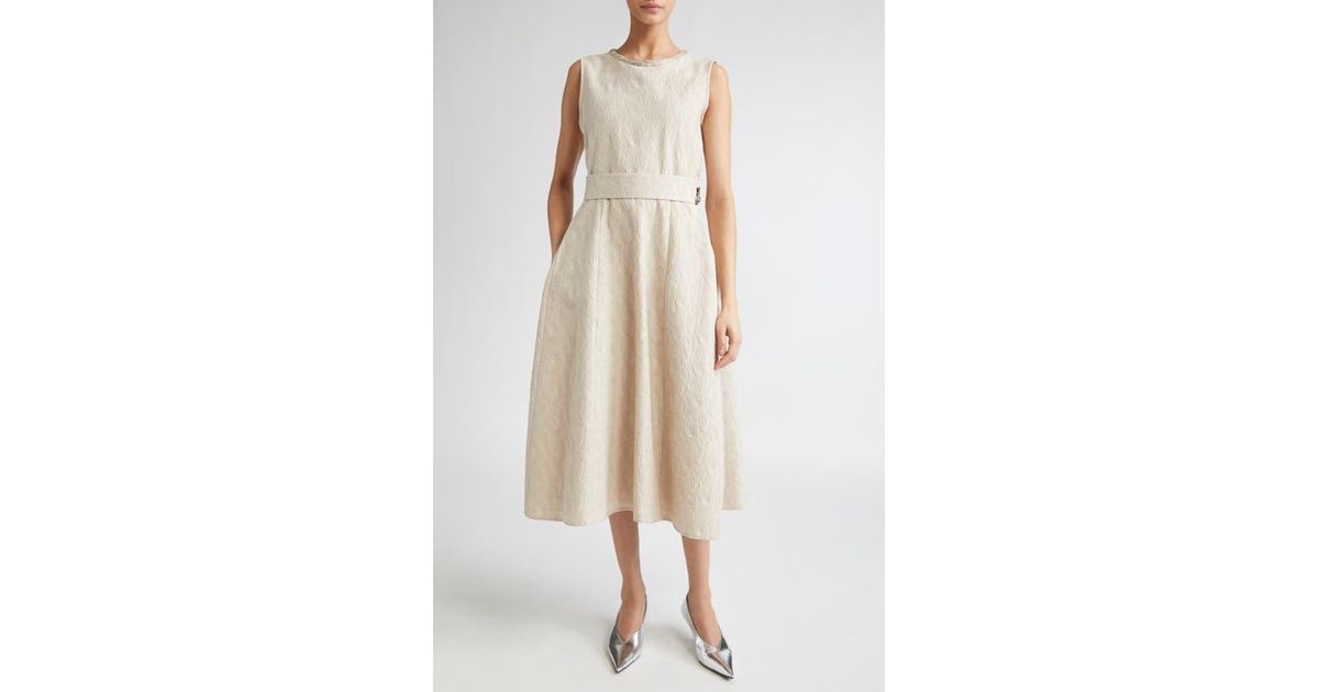 Max Mara Carmen Leaf Jacquard Belted Midi Dress in Natural | Lyst