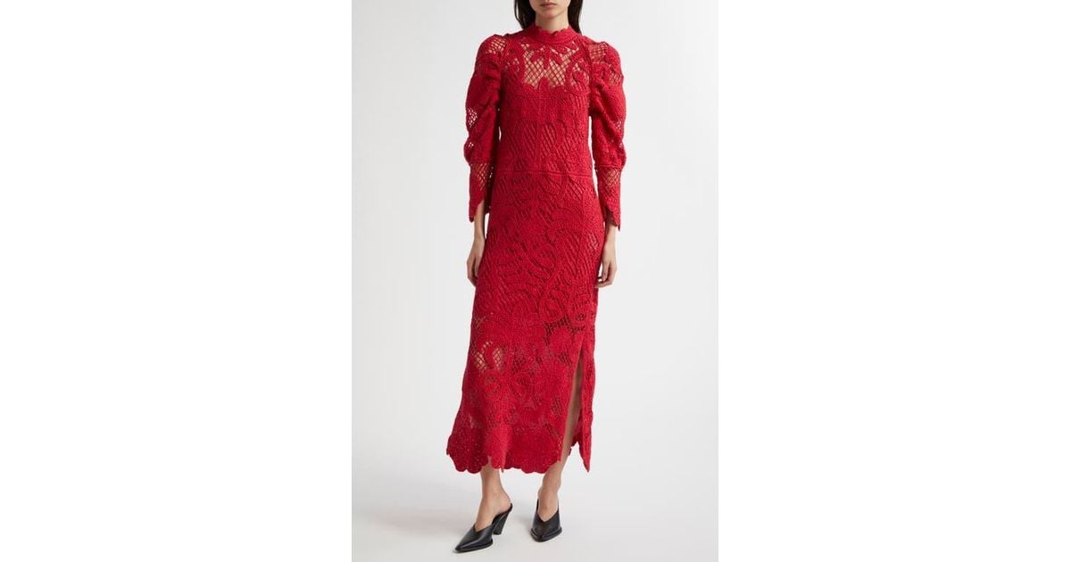 FARM Rio Long Sleeve Lace Knit Midi Dress in Red | Lyst