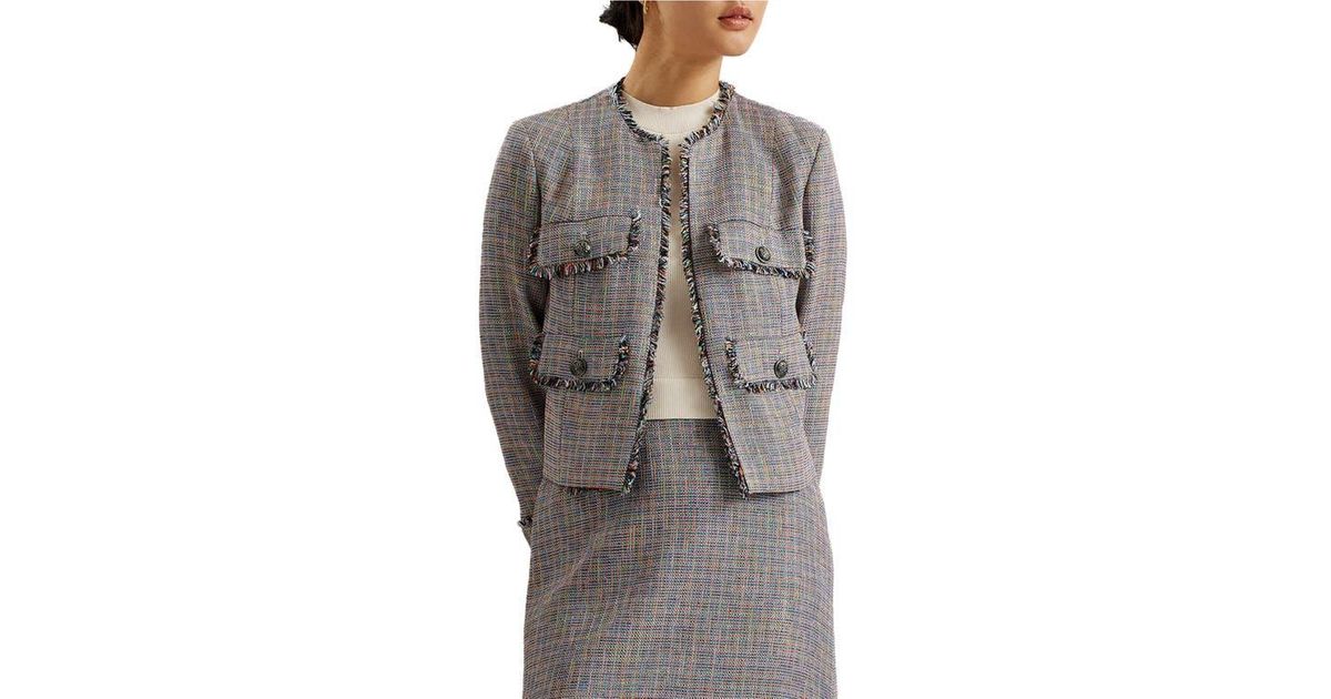 Ted Baker Mayumi Metallic Tweed Crop Jacket in Gray | Lyst