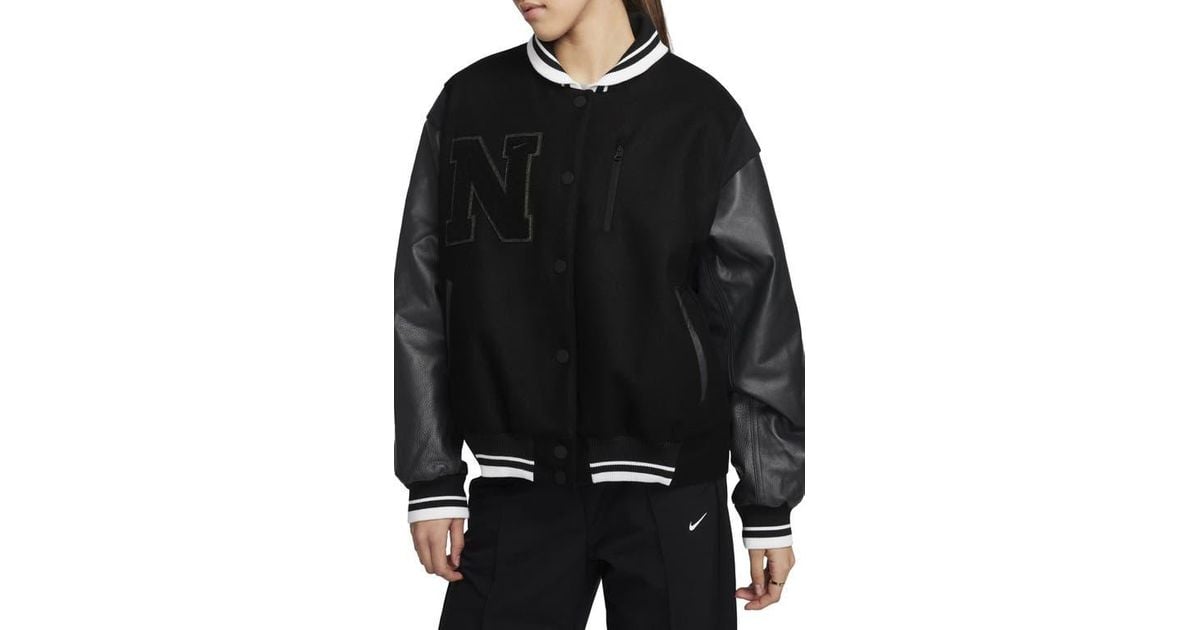 Nike Sportswear Destroyer Leather & Wool Blend Bomber Jacket in Black ...