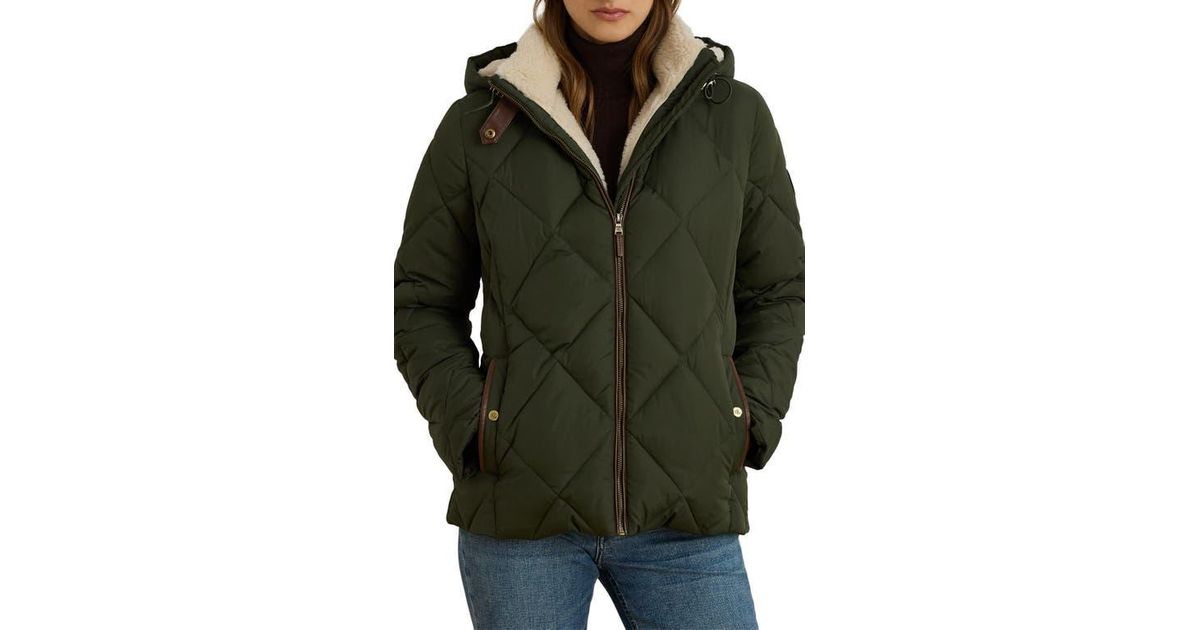 Ralph Lauren Diamond Puffer Coat With Faux Shearling Lining in Green | Lyst