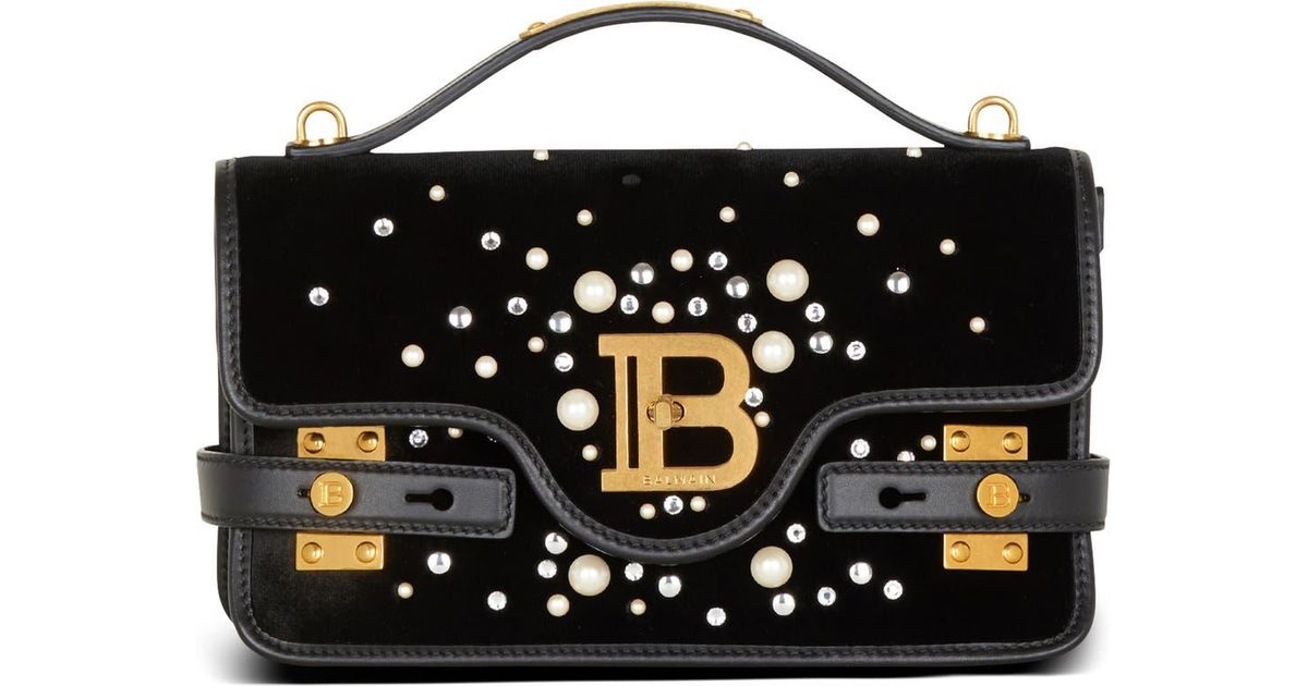 Balmain B-Buzz 24 Embellished Velvet Top Handle Bag in Black | Lyst