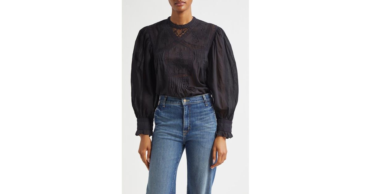 FARM Rio Embroidered Lace Trim Cotton Top in Black | Lyst