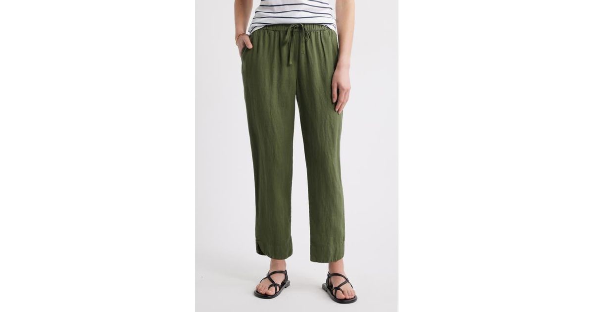Caslon Tie Waist Taper Linen Pants in Green | Lyst