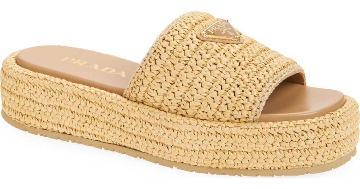 Prada Raffia Flatform Slide Sandal in Natural | Lyst