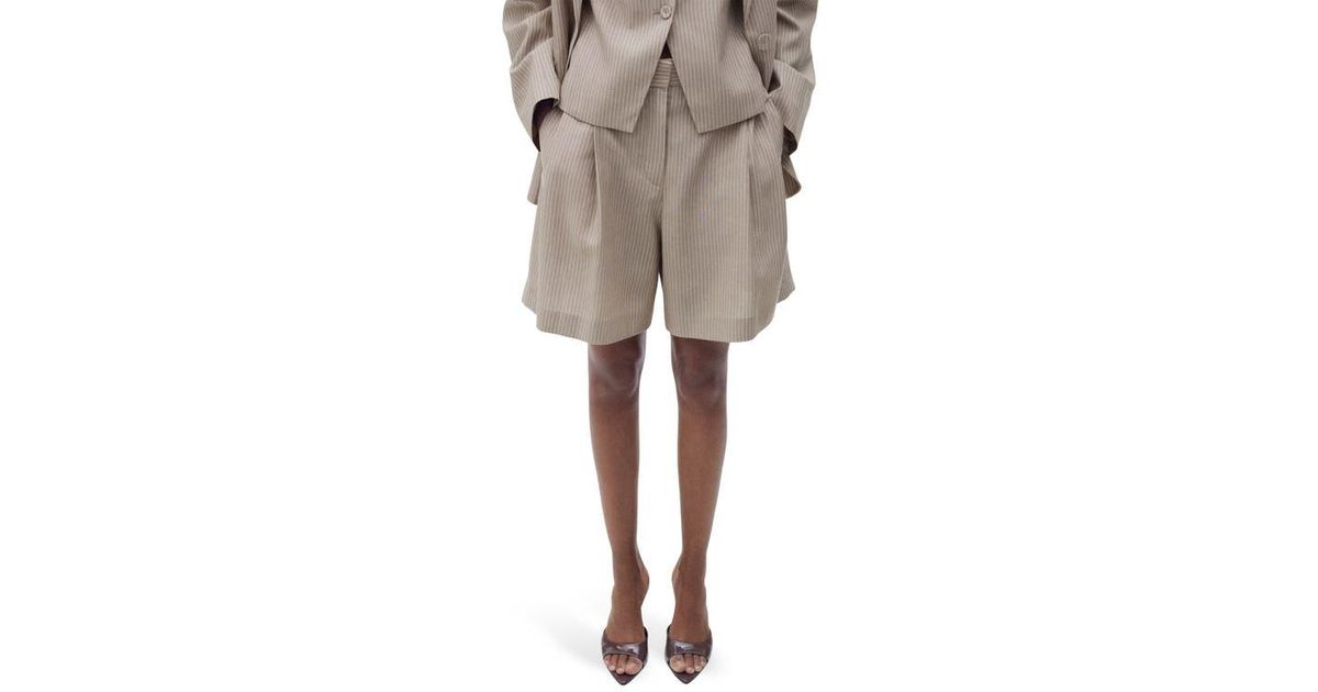 Mango Vivian Pleated Stripe Bermuda Shorts in Natural | Lyst