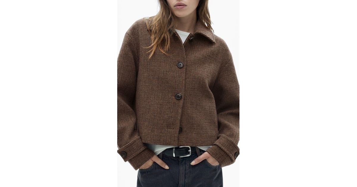 Mango Micro Houndstooth Check Wool Blend Jacket in Brown | Lyst