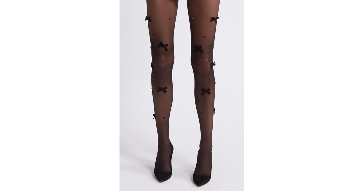 High Heel Jungle Nevermore Peek Bow Embellished Sheer Tights in Black | Lyst