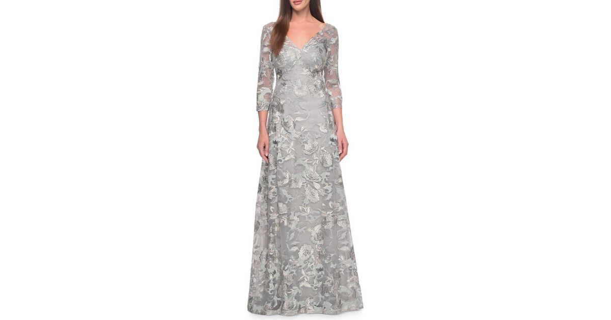 La Femme Unique Lace Mother Of The Bride Gown With Sleeves in Gray | Lyst