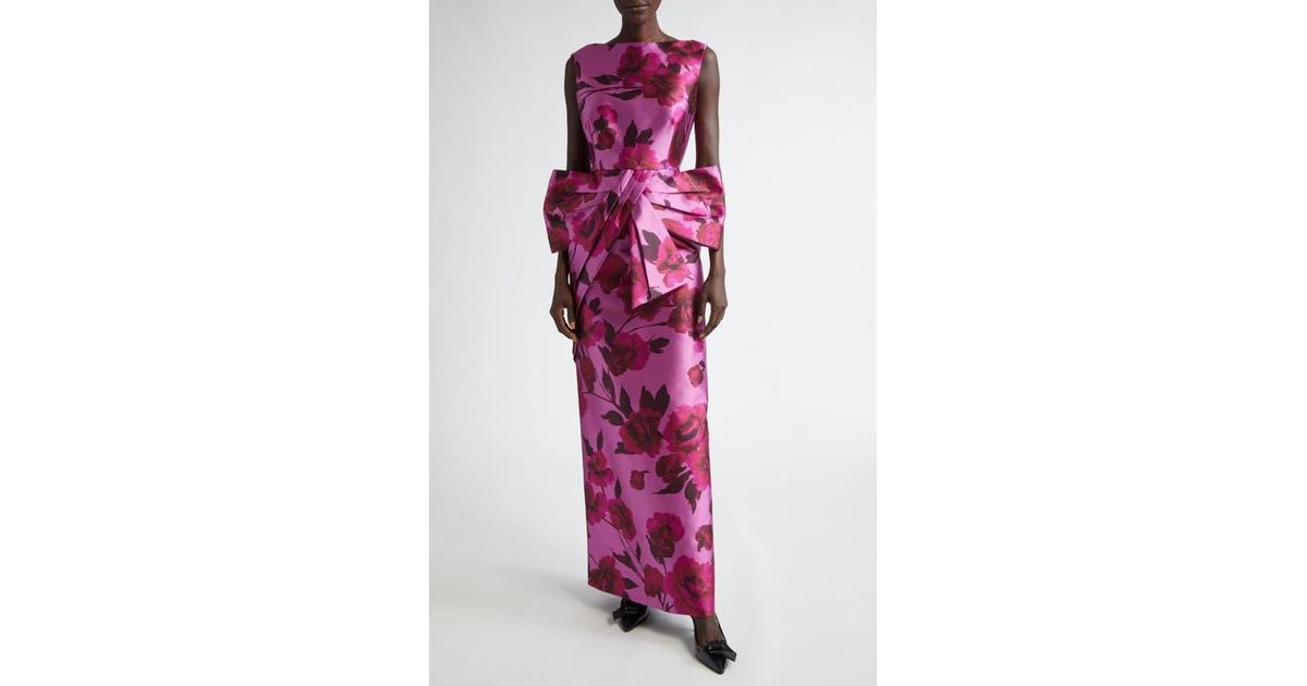 Erdem Bow Detail Floral Mikado Gown in Red | Lyst