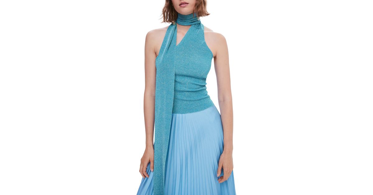Mango Asymmetric Metallic Mock Neck Top In Blue Lyst