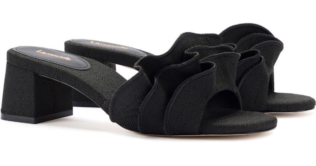 Larroude Brigite Ruffle Raffia Sandal in Black | Lyst
