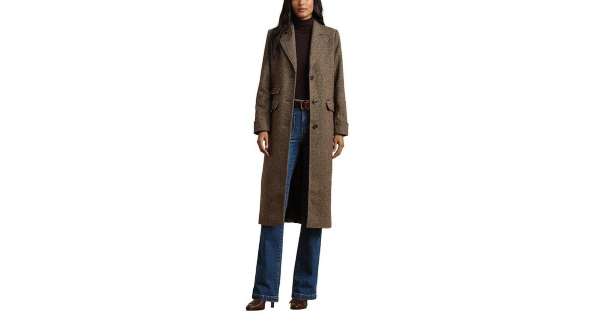 Ralph Lauren Longline Herringbone Wool Blend Reefer Coat in Black | Lyst