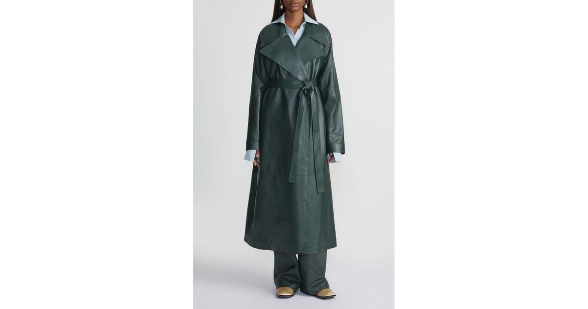 Lafayette 148 New York Napa Lambskin Leather Trench Coat in Green | Lyst