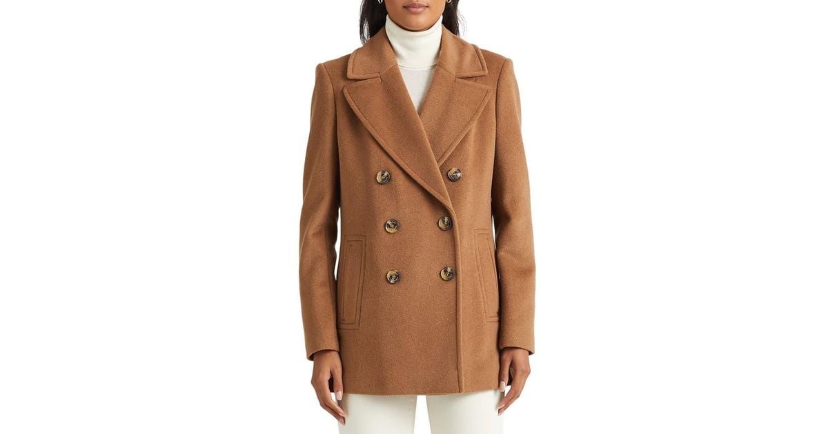 Ralph Lauren Double Breasted Wool Blend Coat in Brown | Lyst
