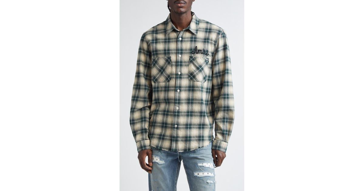 Amiri Shotgun Distressed Plaid Flannel Button-Up Shirt in Green for Men ...