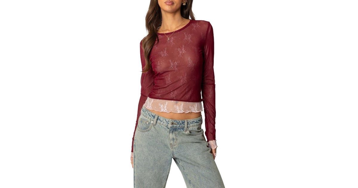 Edikted Lacy Sheer Mesh Crop Top in Red | Lyst